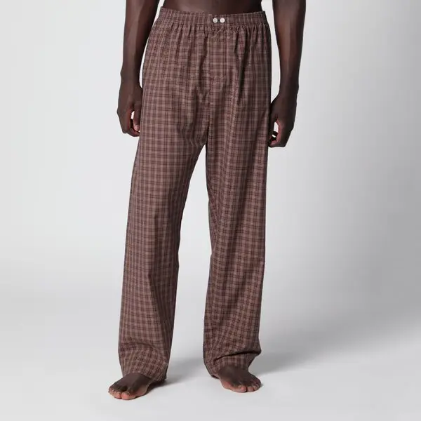TEKLA Serra-colored Cotton Pajama Pants With Check Pattern - Brown