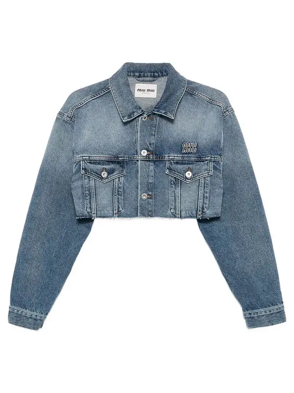 Miu Miu Cropped Washed Denim Jacket With Logo Detail - Blue