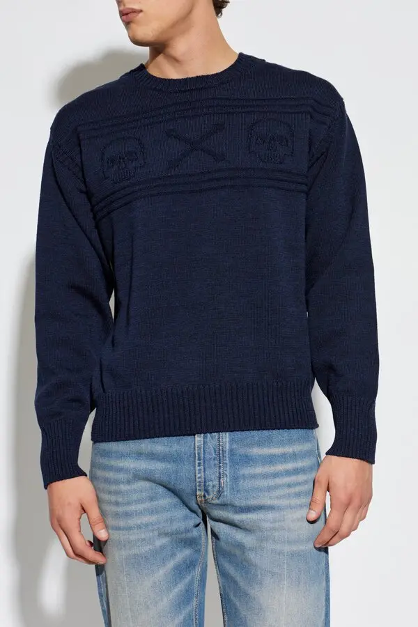 Alexander McQueen Crew Neck Wool Sweater With Embossed Skull Motif