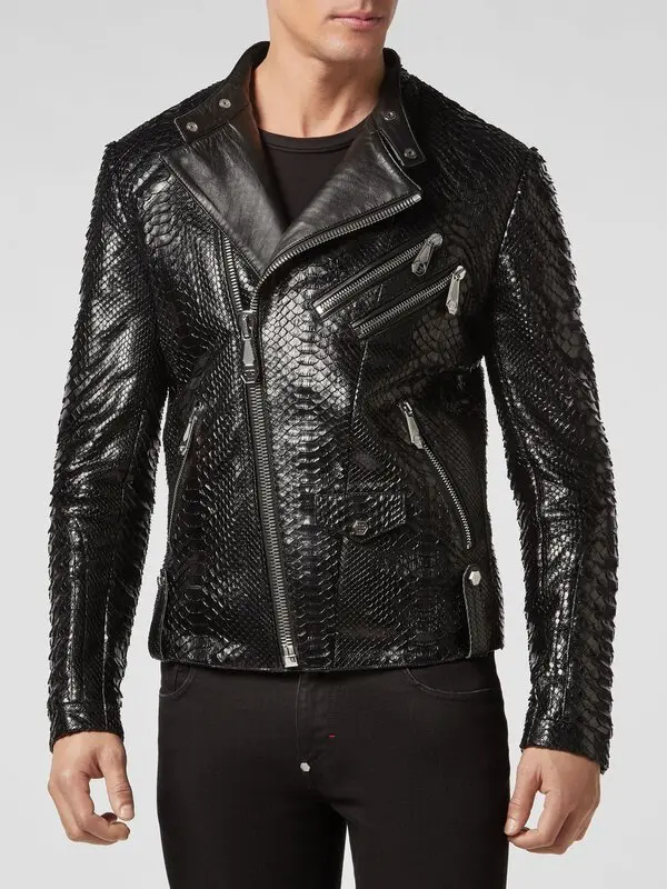 Philipp Plein Leather Biker Jacket With Embellished Graphic Back - Black