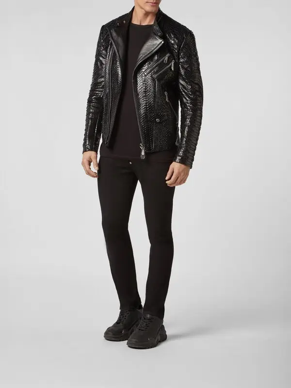 Philipp Plein Leather Biker Jacket With Embellished Graphic Back