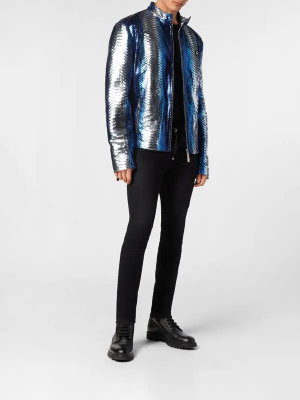 Philipp Plein Metallic Snakeskin Effect Zip Jacket - Turquoise
