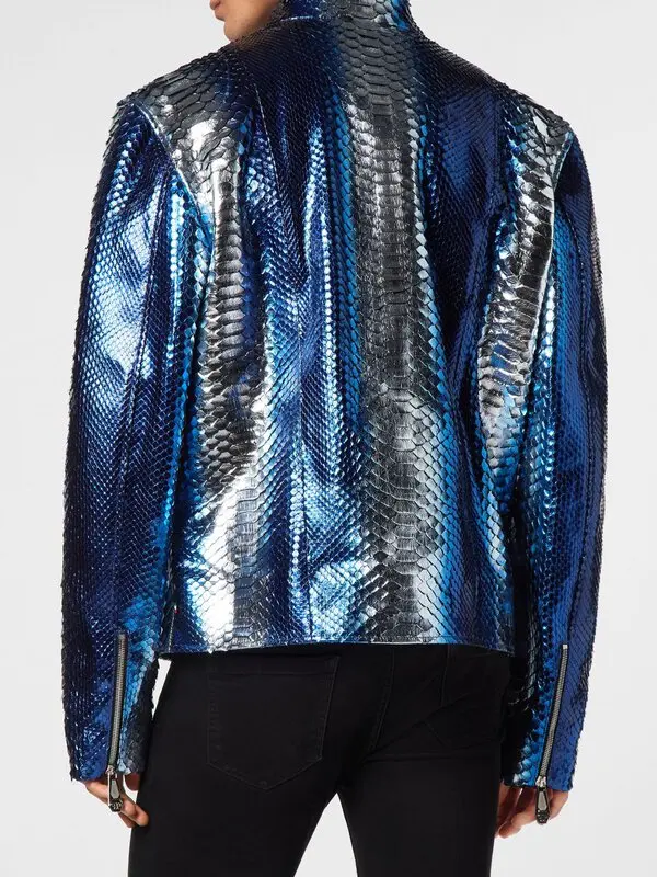 Philipp Plein Metallic Snakeskin Effect Zip Jacket - Turquoise