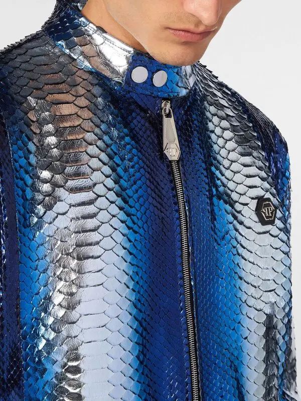 Philipp Plein Metallic Snakeskin Effect Zip Jacket - Turquoise