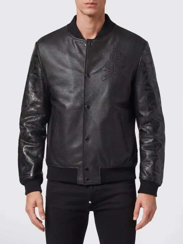 Philipp Plein Leather Bomber Jacket With Skull Detail - Black