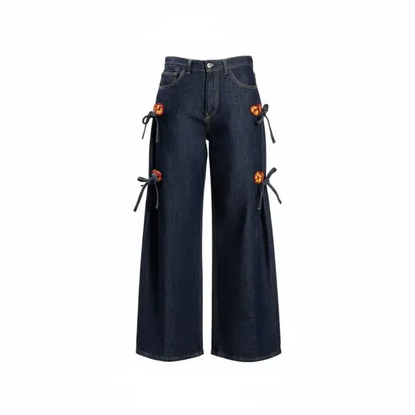 UP-FUSE Dark Denim Wide-leg Pants With Floral Embroidery And Tie Details - Blue