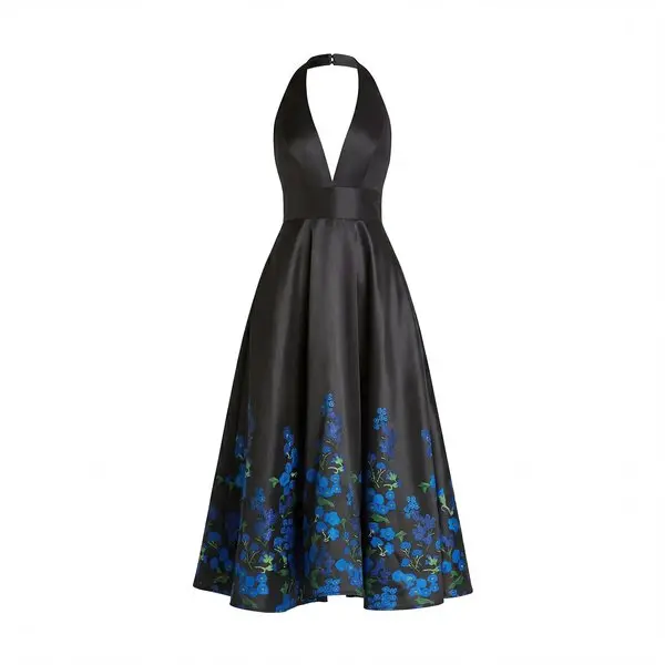 Mac Duggal Halter Neck Floral Printed Satin Midi Dress - Black