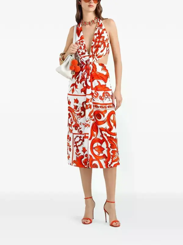 Dolce & Gabbana Majolica Print Viscose Organzine Long Dress - White
