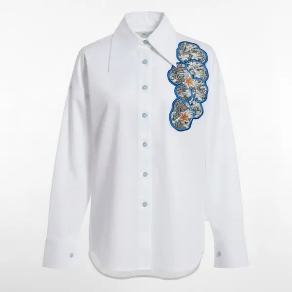 UP-FUSE Embroidered Asymmetrical Shirt - White/blue