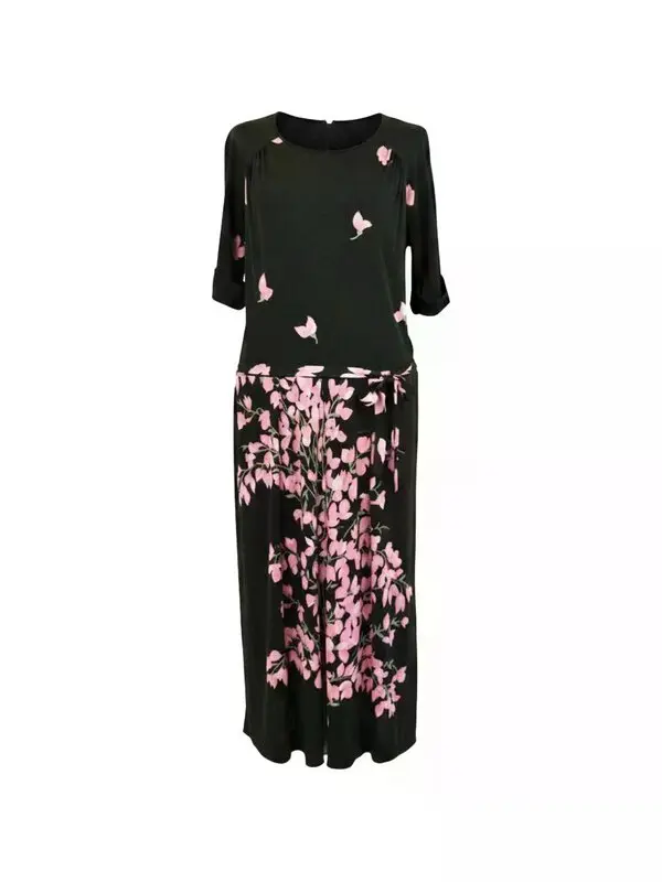 DE PARISINI VINTAGE Floral Print Belted Midi Dress - Black