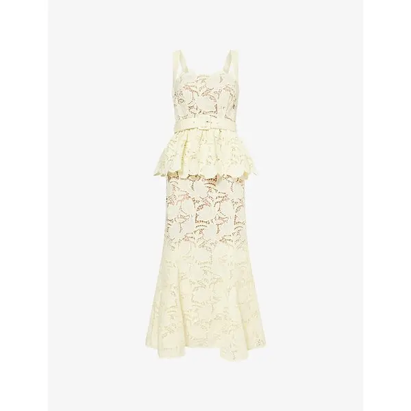 SELF-PORTRAIT Belted Peplum Lace Midi Dress - Yellow