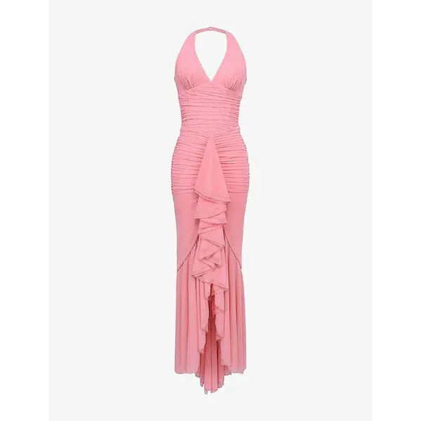 House Of Cb Carmine Halterneck Stretch-mesh Maxi Dress - Raspberry