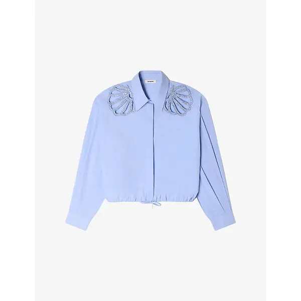 Sandro Relaxed-fit Cotton Shirt With Rhinestone Embellishments - Sky Blue