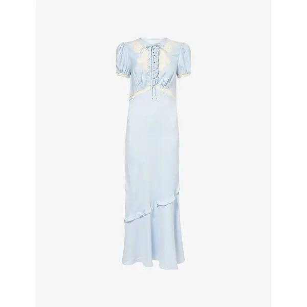 SELF-PORTRAIT Puff-sleeve Lace-insert Satin Midi Dress - Blue