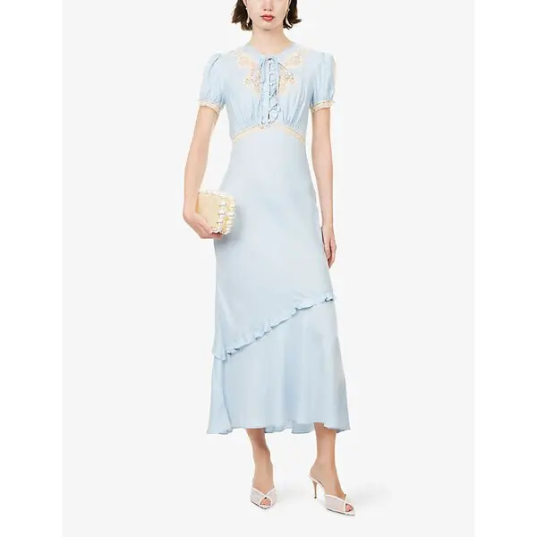 SELF-PORTRAIT Puff Sleeve Lace Insert Satin Midi Dress