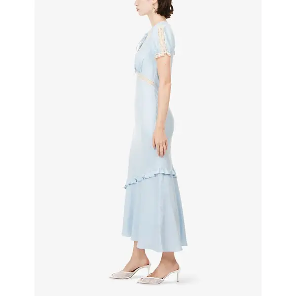 SELF-PORTRAIT Puff Sleeve Lace Insert Satin Midi Dress