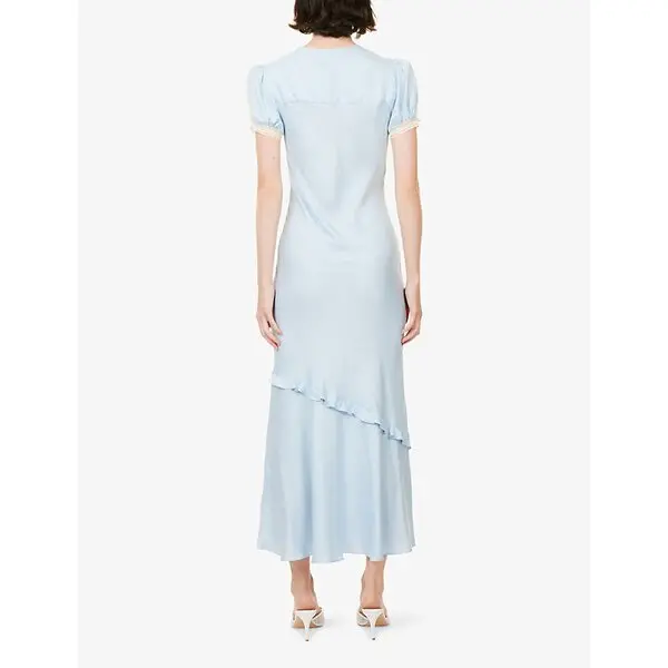 SELF-PORTRAIT Puff Sleeve Lace Insert Satin Midi Dress