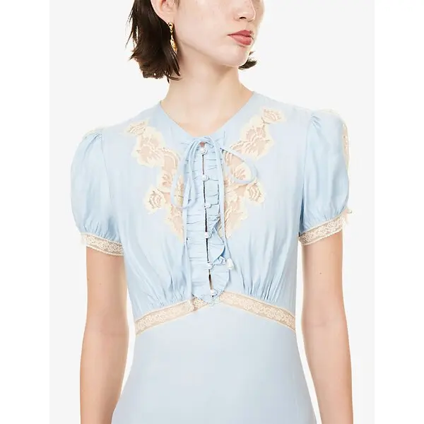SELF-PORTRAIT Puff Sleeve Lace Insert Satin Midi Dress