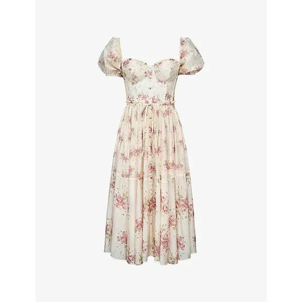 House Of Cb Penelope Floral Chiffon Midi Dress - Ivory Vintage Rose