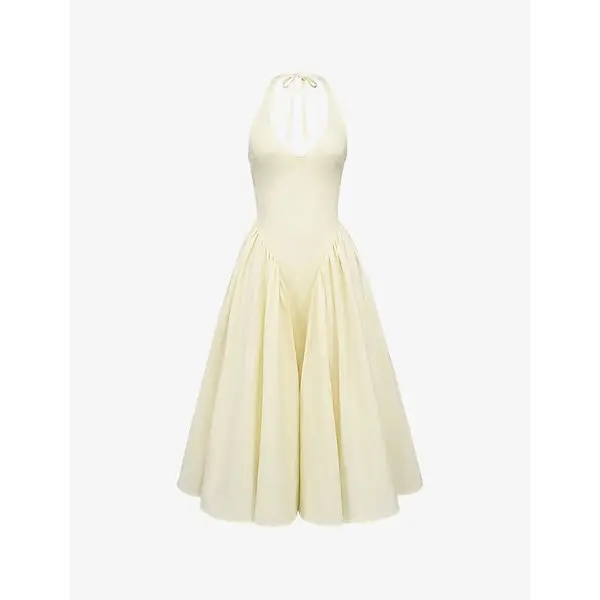 House Of Cb Marilyn Halterneck Stretch-cotton Midi Dress - Lemon