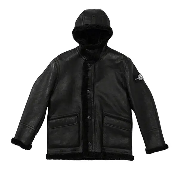 Supreme X Stone Island Hand Painted Hooded Shearling Jacket - Black