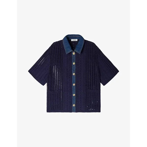 Sandro Short-sleeved Crochet Cardigan - Navy Blue