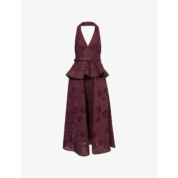 SELF-PORTRAIT Belted Peplum Midi Dress - Burgundy
