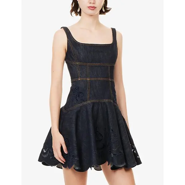SELF-PORTRAIT Denim Mini Dress With Bow Embroidery