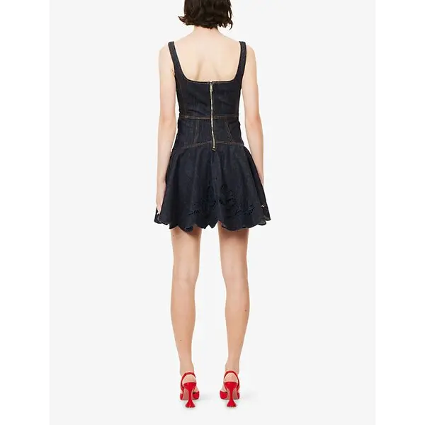 SELF-PORTRAIT Denim Mini Dress With Bow Embroidery