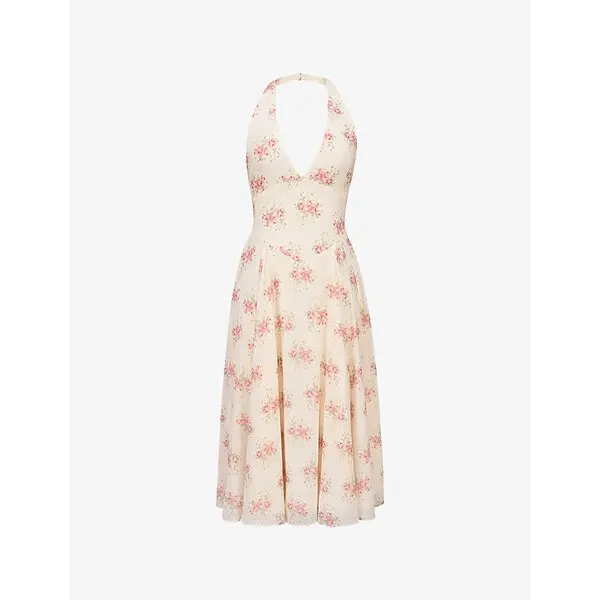 House Of Cb Floral Print Halterneck Midi Dress - Ivory Vintage Rose