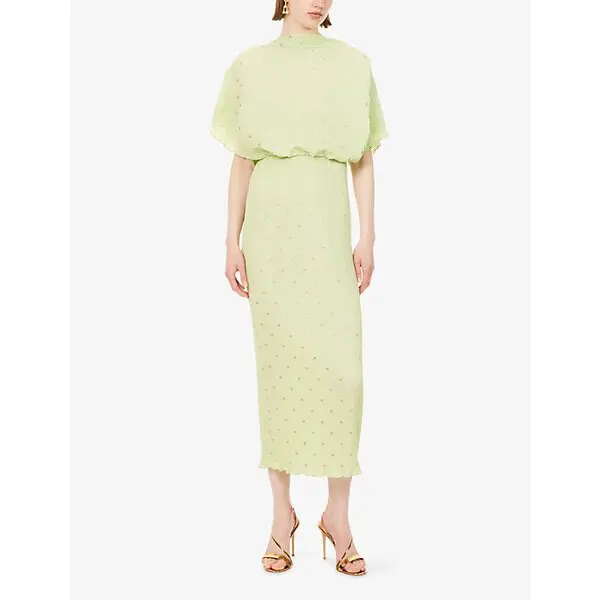 NEVER FULLY DRESSED Pleated Midi Dress With Gold Dot Print - Green