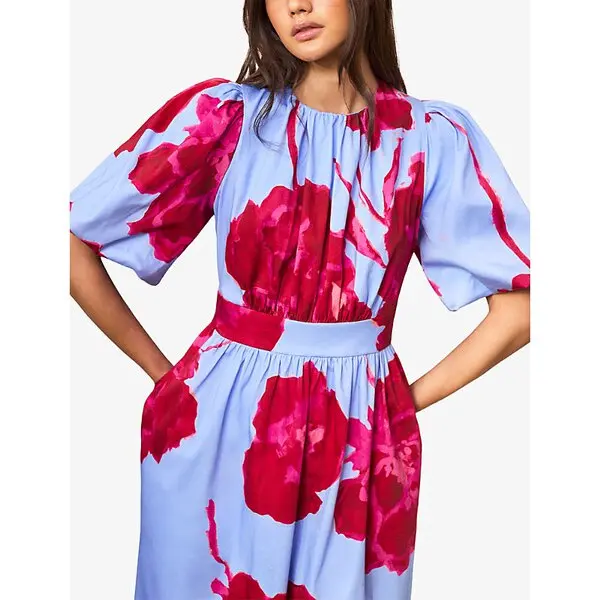 RO&ZO Floral Puff-sleeved Stretch-cotton Maxi Dress - Pink