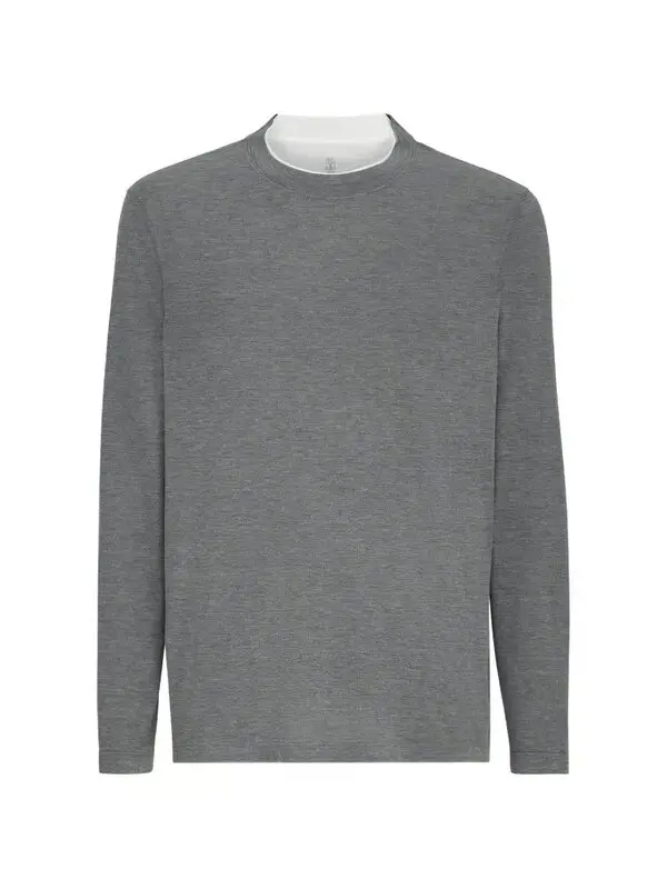 Brunello Cucinelli Silk And Cotton Lightweight-jersey Long-sleeve Crew-neck T-shirt With Contrast-detail - Grey
