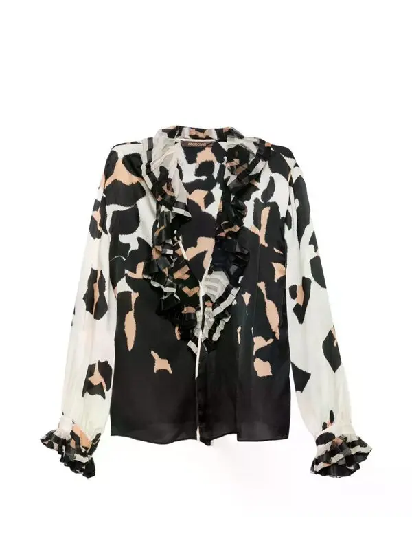 Roberto Cavalli 2000s Animal Print Ruffled Blouse - Black