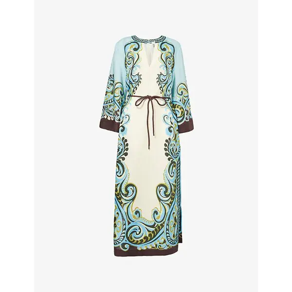 ALEMAIS Natalia Belted Graphic Linen Midi Dress - Cream