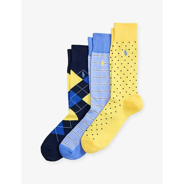 Polo Ralph Lauren Pack Of Three Patterned Cotton-blend Crew Socks - Navy/yellow/blue