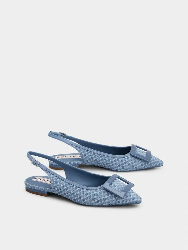 ROGER VIVIER Gommettine Slingback Ballerinas In Jacquard Denim - Light Blue