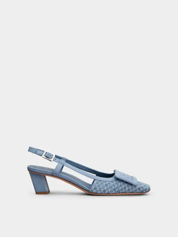 ROGER VIVIER Belle Vivier Slingback Pumps In Jacquard Denim - Light Blue