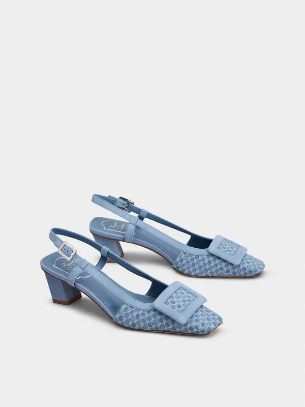 ROGER VIVIER Belle Vivier Slingback Pumps In Jacquard Denim - Light Blue