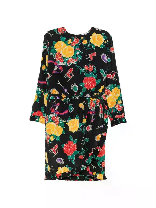 Dior 1990s Floral-print Ruffled Midi Dress - Black