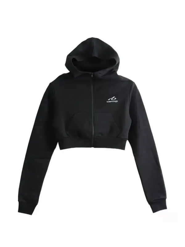 Balenciaga Logo-print Zip-up Crop Hoodie - Black
