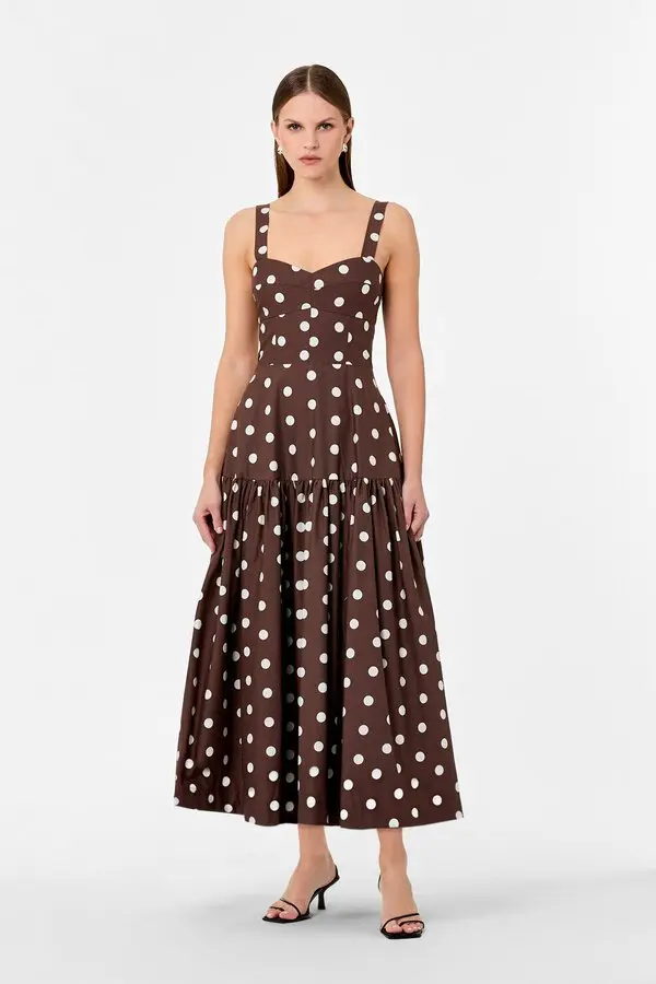 NICHOLAS Valeria Polka Dot Maxi Dress - Mocha Polka Dot