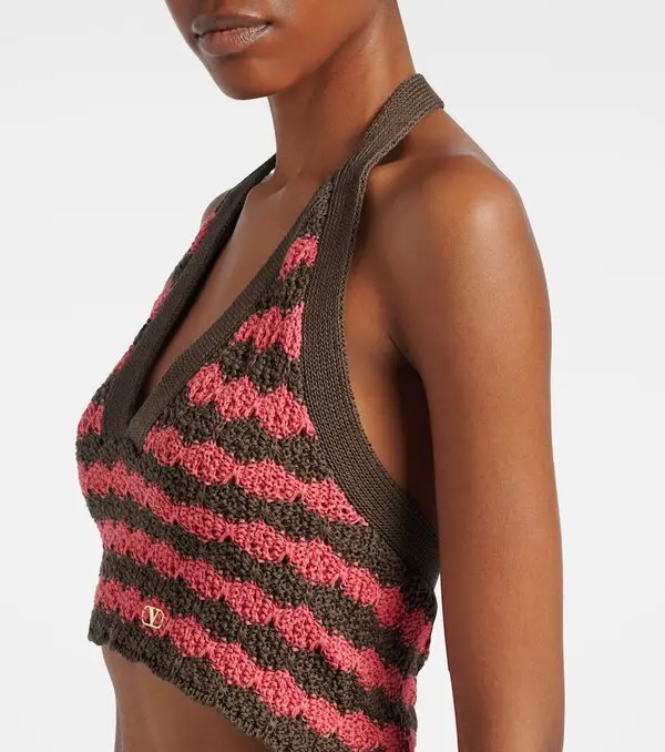 Valentino Garavani Striped Knitted Cotton Halter Top - Brown