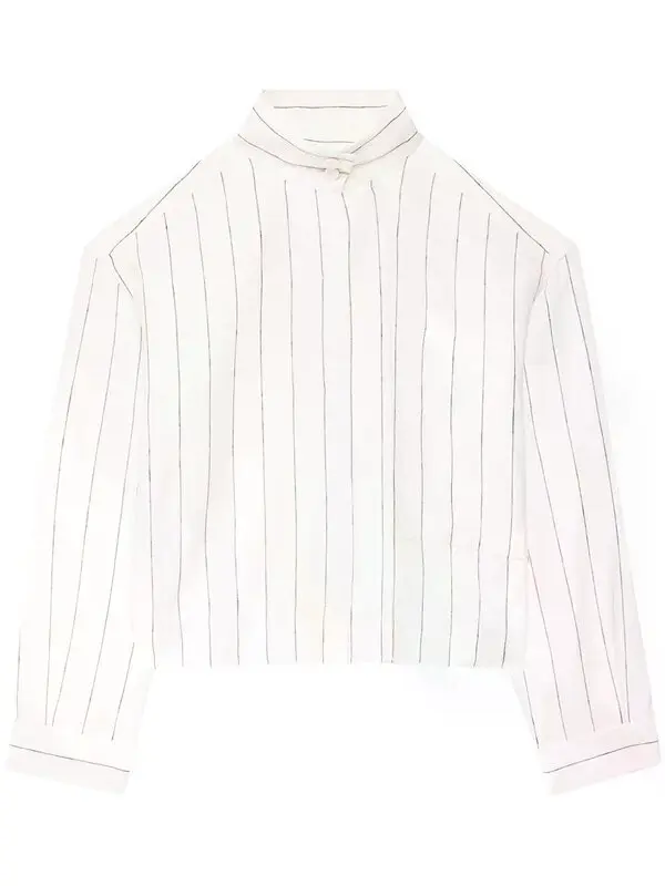 Another Tomorrow Striped High-neck Linen Top - White