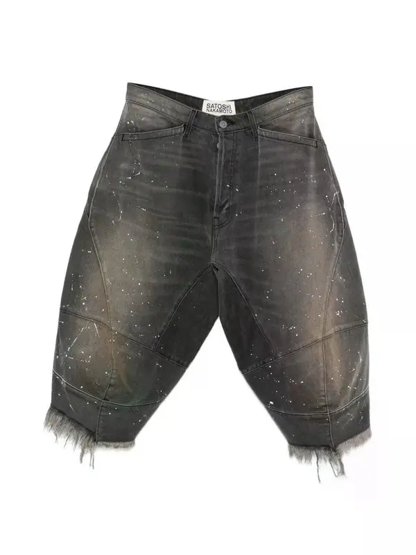 SATOSHI NAKAMOTO Paint-splatter Frayed-hem Shorts - Grey
