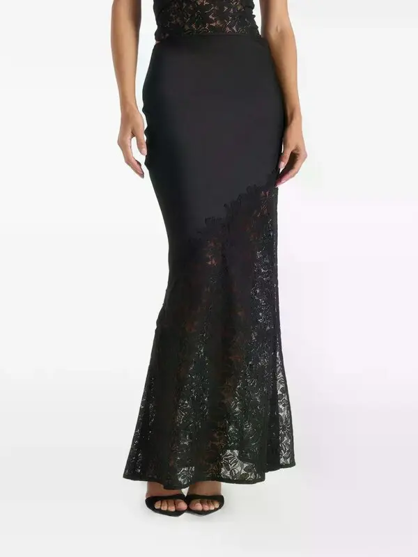 Manière De Voir Satin And Lace Maxi Skirt With Pearl Edging - Black
