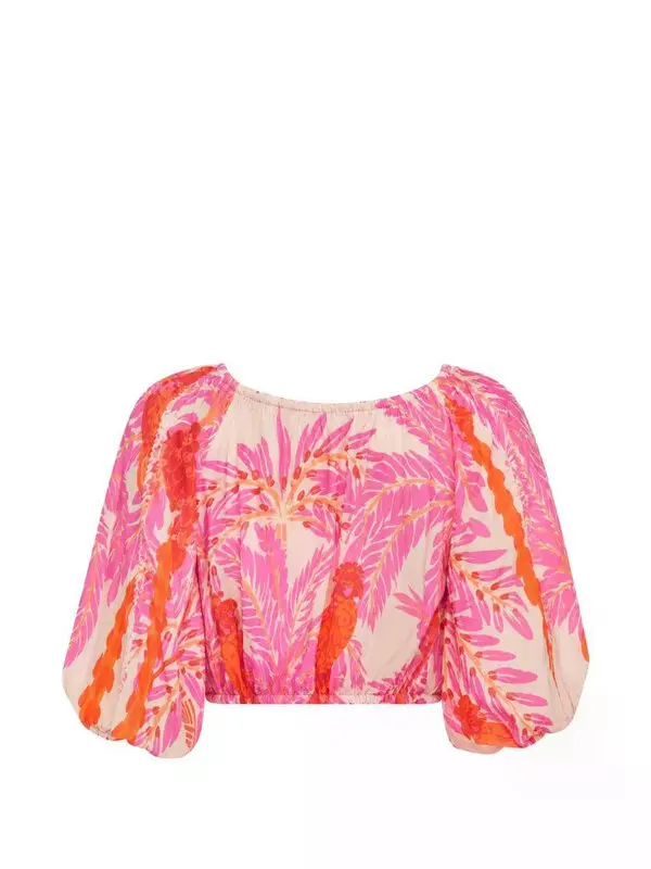 Poupette St Barth Cotton Palm-leaf Print Puff-sleeve Top