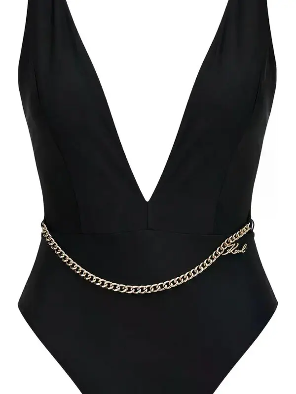 Karl Lagerfeld Chain-belt Plunge-neck Swimsuit - Black