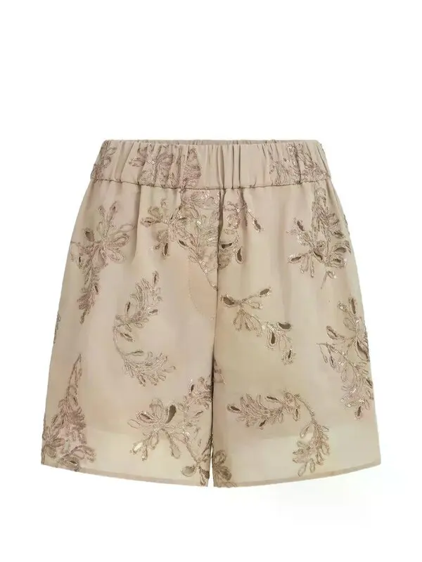 Brunello Cucinelli Broderie Anglaise Cotton Organza Shorts - Neutrals