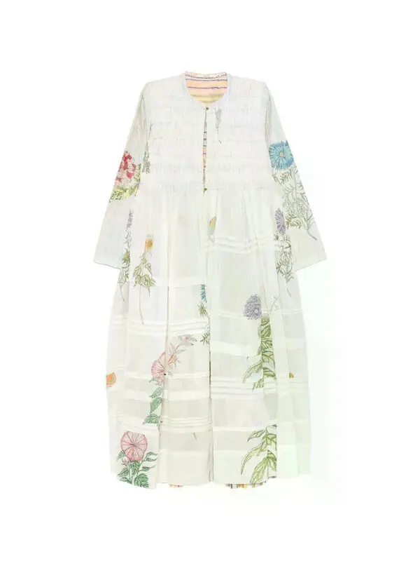 INJIRI Floral Print Smocked Coat - Neutrals